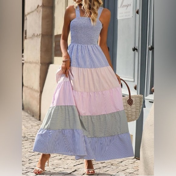 Dresses | Boho Striped Print Colorblock Layered Hem Cami Dress | Poshmark